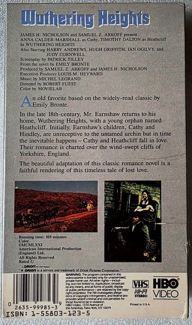 WUTHERING HEIGHTS HBO Video VHS Emily Bronte Timothy Dalton Anna Calder ...