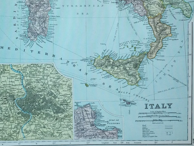 1900 MAP ITALY Rome Palermo Sicily Malta Naples Tuscany Corsica ...