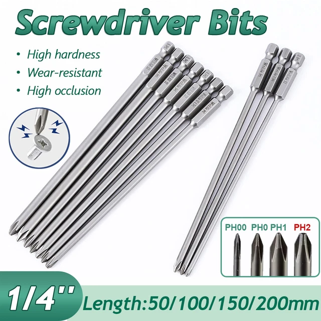EXTRA LONG 50-200MM Phillips Cross Head 1/4" Hex Shank Magnetic ...