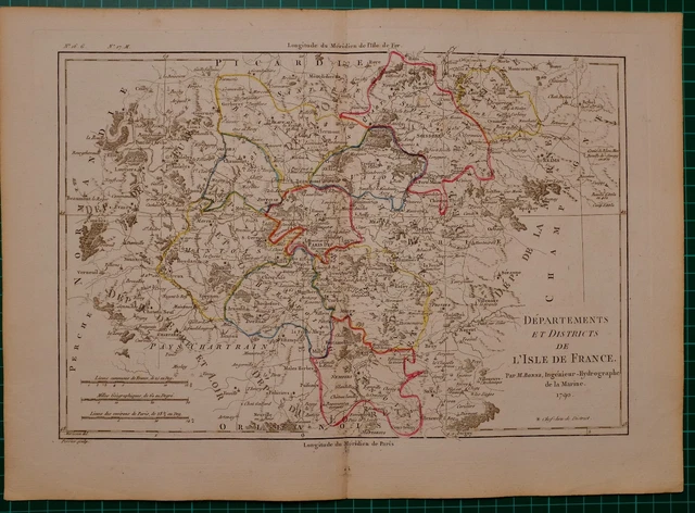 1790 DATED RIGOBERT Bonne Map ~ Departments And Districts Of Isle De ...