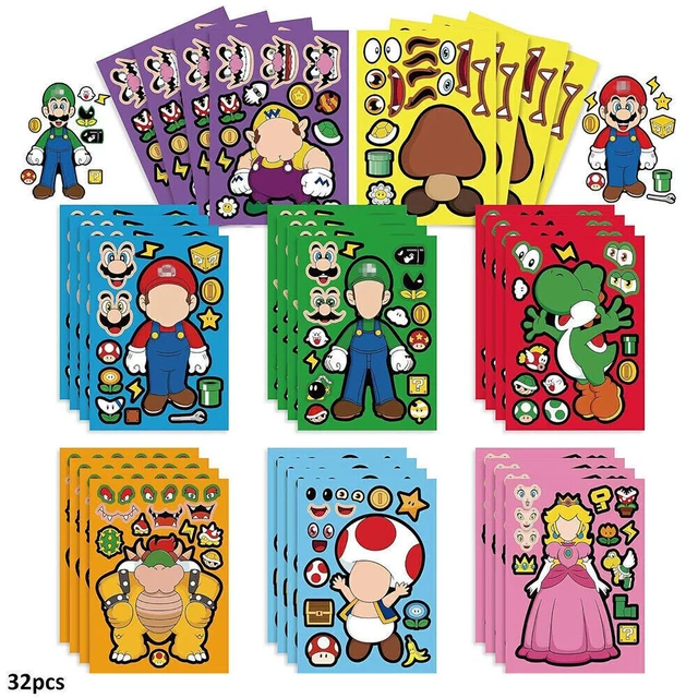 32 SHEETS MARIO Luigi Peach Yoshi Kinopio Bowser Make-a-face Sticker ...