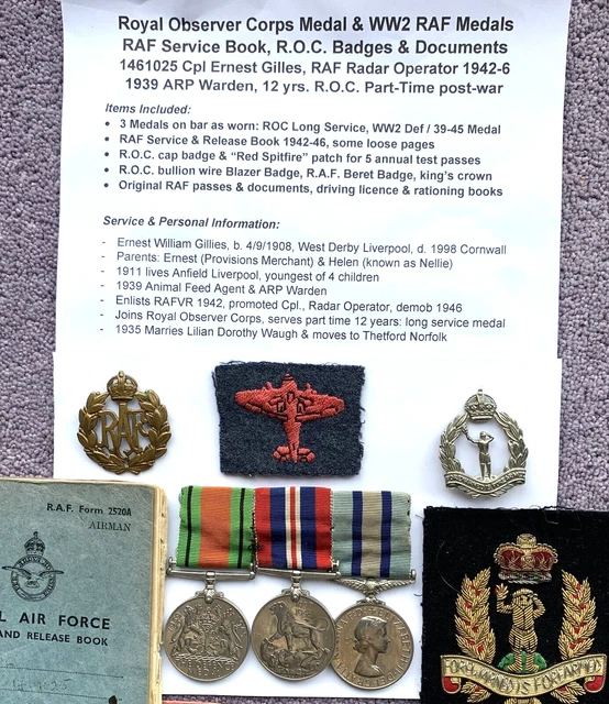 WW2 & LATER RAF / Royal Observer Corps: Medals / Badges / Service Book ...