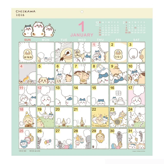 WALL CALENDAR 2026 Chiikawa Comic Design Japan 12 Sheets Cute Character ...