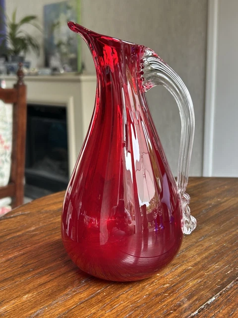 1960'S WHITEFRIARS RUBY Red Glass Jug with Clear Glass Handle, 21cm ...