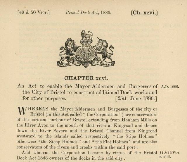 ANTIQUE ACT OF Parliament Mayor Aldermen Bristol Dock Works 1886 ...