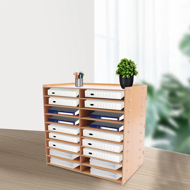 18 GRIDS FILE Rack Organizer Wood Golden Folder Holder Floor / Desk ...
