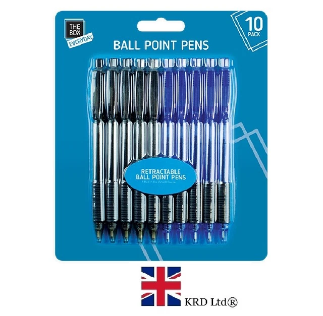 10X RETRACTABLE BALLPOINT PENS Blue Black Ball Point Biros School ...