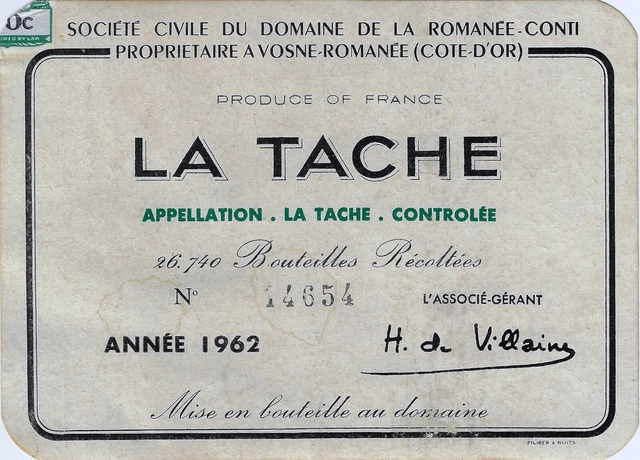 1962 LA TACHE, Domaine de la ROMANEE-CONTI DRC, vin etiquette/wine ...