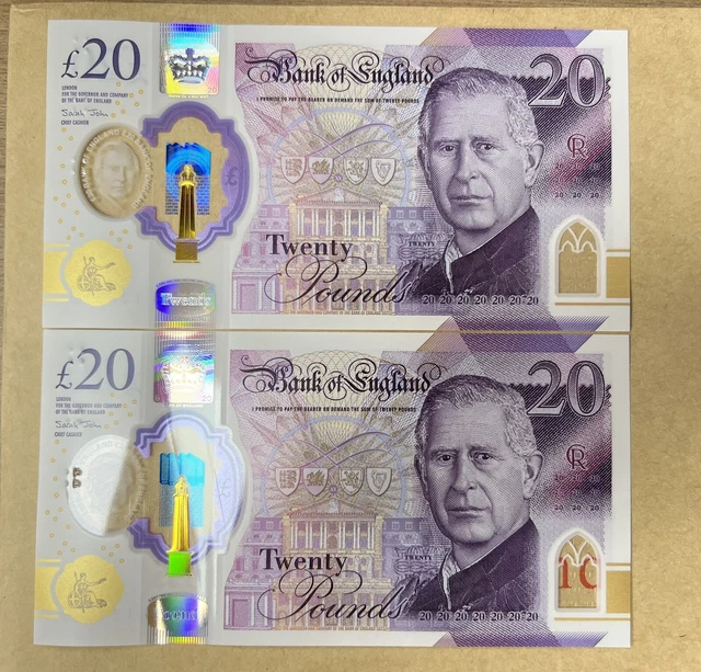 KING CHARLES UNCIRCULATED £20 GBP X2 Bank Notes Twenty Pounds £80.00 ...