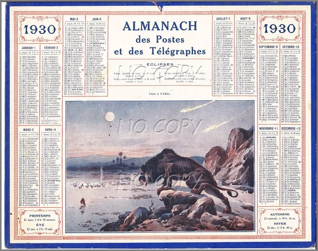 ALMANACH CALENDRIER PTT 1930 lion BE+ cadeau ANNIVERSAIRE EUR 24,90 ...