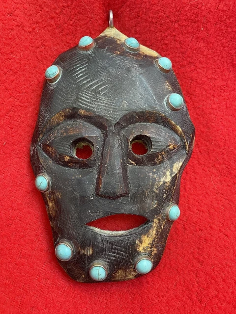 HIMALAYAN SHAMAN CARVED Wood & Turquoise Ancestral Spirit Mask Pendant ...