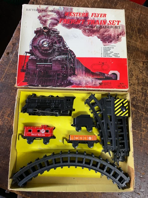 VINTAGE WESTERN FLYER Freight Train Set Tin Toys, No.3061 Haji Made in ...