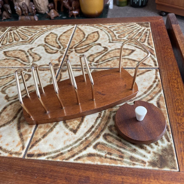 VINTAGE RETRO 60S 70s Mid Century Wyncraft Teak Wood & Gold Metal Toast ...