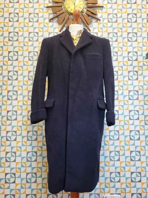 VINTAGE MENS CROMBIE Navy Herringbone Wool Heavy Overcoat Large 44R £ ...