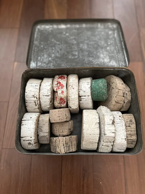 FRENCH VINTAGE CORK net fishing floats In Metal Tin £25.00 - PicClick UK