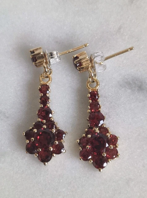VINTAGE GARNET DROP Earrings 925 Sterling Silver Gold Plated Cluster ...