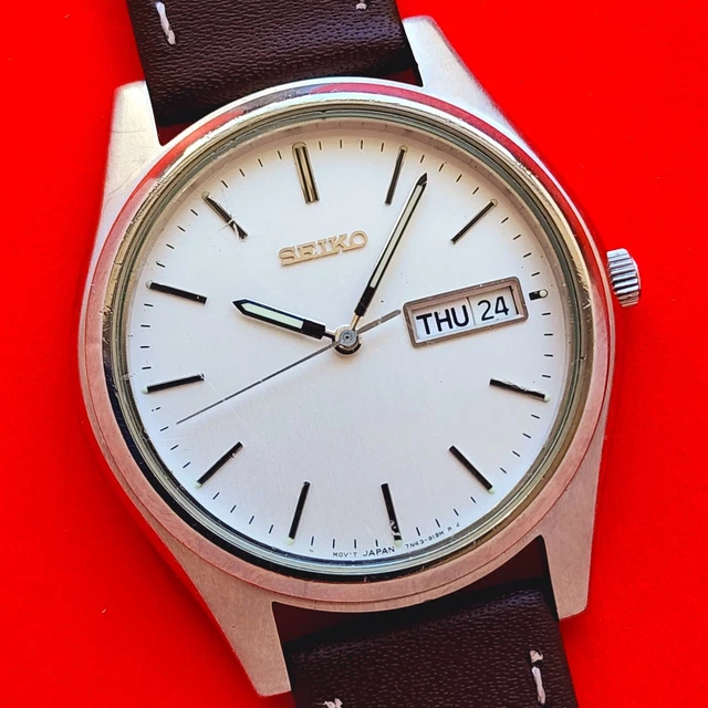 SEIKO DAY DATE Watch Silver Dial Brown Leather Band 7N43-9048 Mens £61. ...
