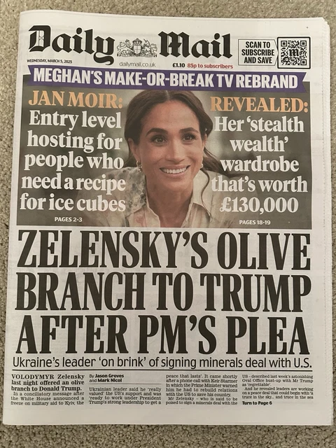 DAILY MAIL 5TH March 2025 5/3/25 Zelensky Olive Branch & Duchess Of ...
