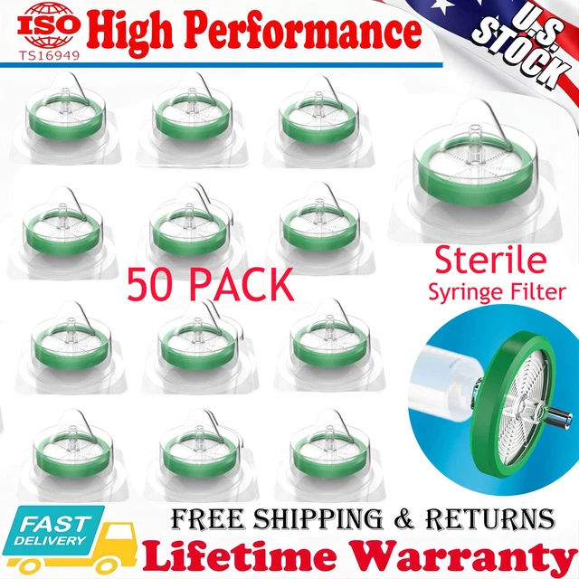 50 PACK Syringe Filter PES Membrane Sterile Filtration 33mm 0.22μm Lab ...
