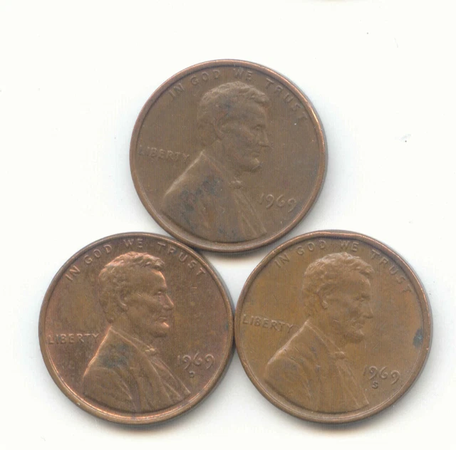 USA 1969 1969D 1969S American One Cent Lincoln Penny 1c Exact Set - 3 ...