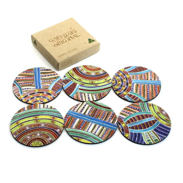 6 AUSTRALIA MADE Indigenous Aboriginal Art Souvenir Wooden Drink ...