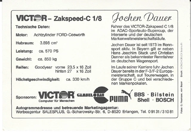 AK PK AUTO Rennfahrer Jochen Dauer ADAC-Sportauto-Supercup Victor ...