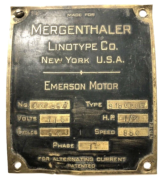 VTG BRASS NAME plate/plaque-Emerson Motor-Mergenthaler Lindtype Co 3.5 ...
