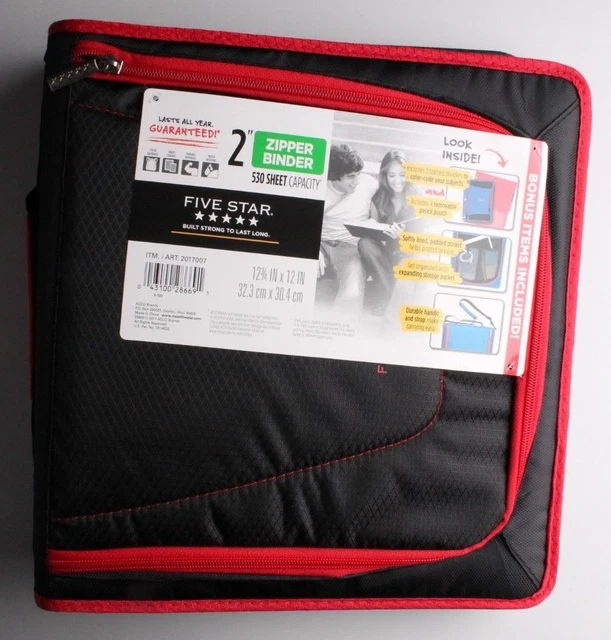 NEW FIVE STAR Zipper Binder + Tech Pocket, 2", Red Black, 12-3/4" x 12 ...