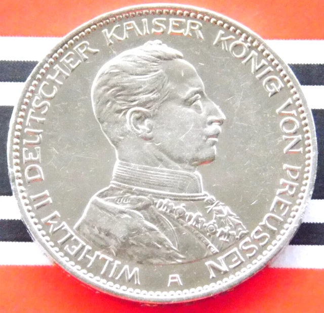 GERMAN 3 MARK 1914 A PRUSSIA Uniform WILHELM II 90% Silver EMPIRE Coin ...