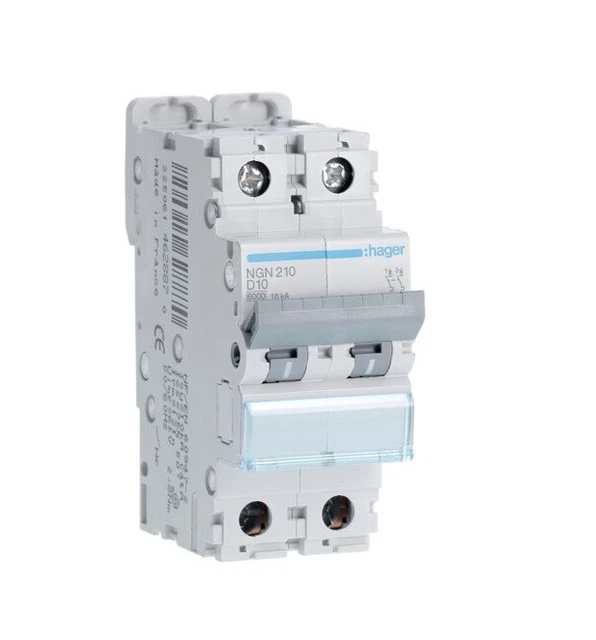 HAGER NGN210 2D 10A 2mod. Circuit Breaker curve D 6/10kA £110.28 - PicClick UK