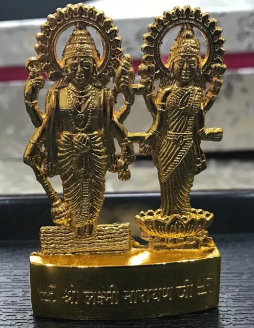 Lord Vishnu Laxmi Lakshmi Narayana Golden Metal Statue Hindu God Idol