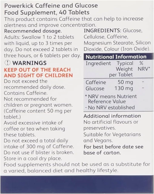 POWERKICK EXTRA ENERGY Caffeine & Glucose Tablets X 40 - Pack of 6 (240 ...