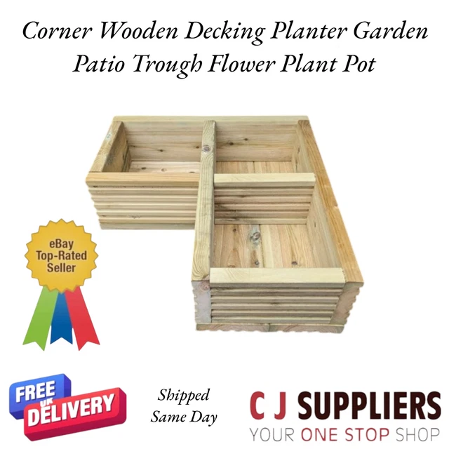 CORNER WOODEN DECKING Planter Garden Patio Trough Flower Plant Pot £35. ...