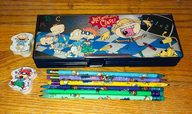 VINTAGE NICKELODEON RUGRATS Pencil Case 6 Pencils 2 Erasers School ...