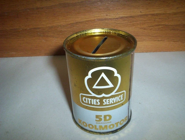 VINTAGE CITIES SERVICE 5D Multi-Range KOOLMOTOR Oil Gold Coin Tin Bank ...