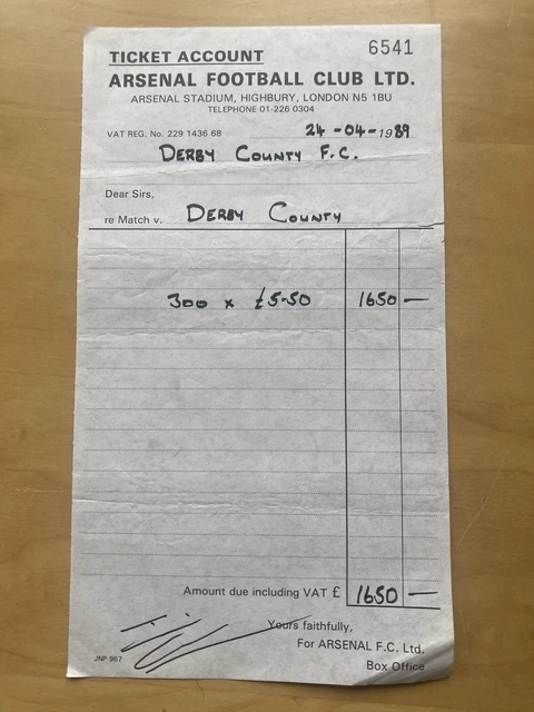 ARSENAL 1988/89 CHAMPIONS Season Invoice to Derby County for Highbury ...