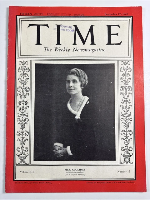 TIME MAGAZINE SEPTEMBER 17, 1928 Mrs. Grace Coolidge, First Lady ...