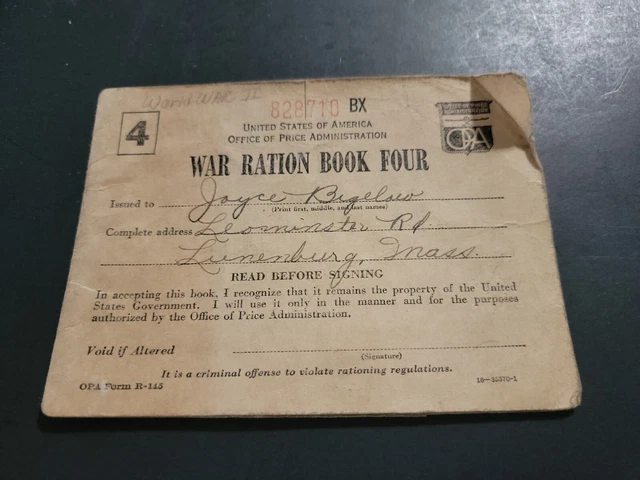 RARE 1942 WWII / WORLD WAR II ERA RATION BOOK No. 4 MASSACHUSETTS $25. ...