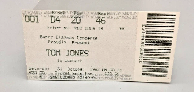 TOM JONES CONCERT Ticket Stub - Wembley Saturday 31st October 1992 ...