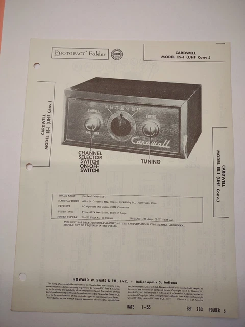 SAM'S PHOTOFACT FOLDER Cardwell Model ES-1 Vintage AM Radio $11.50 ...