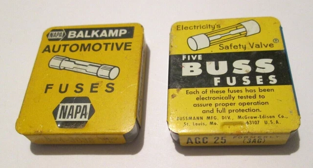 2 OLD AUTOMOTIVE Fuse Plastic Metal Tins Napa Balkamp Buss Fuses Safety ...
