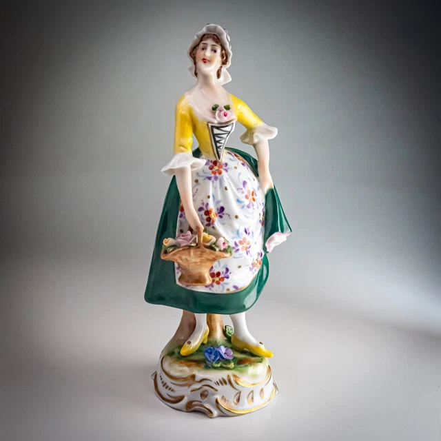 DRESDEN STYLE PORCELAIN Figure Lady With Flowers Crown Mark Volkstedt ...
