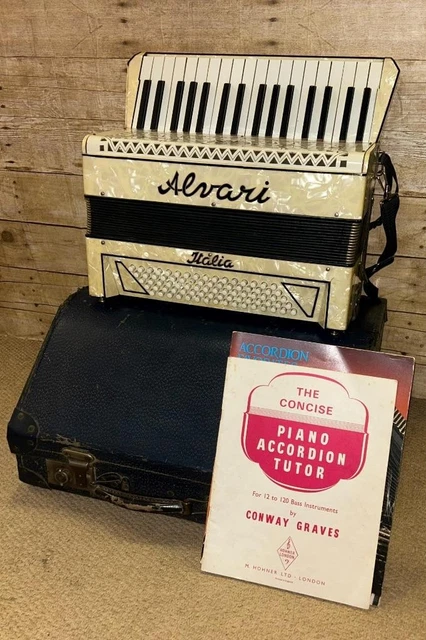 VINTAGE CASED 80 Bass Alvari Italia Cream Piano Accordion Blue Bellows ...
