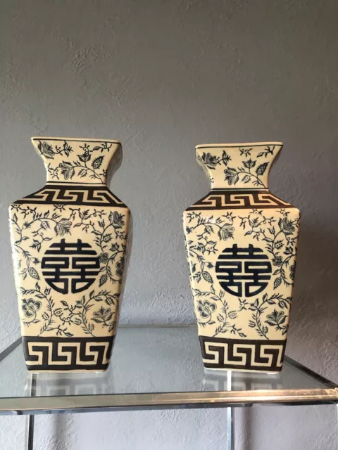 ASIAN INSPIRED BLUE Floral Pattern Square Vase Large Centerpiece Decor ...