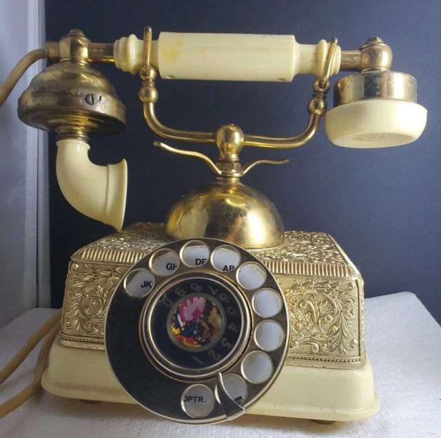 VINTAGE ROTARY DIAL Telephone White and Gold Antique Home Decor ...