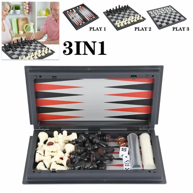 3 IN 1 Wood Chess Checkers Backgammon Set Magnetic Portable Travel ...