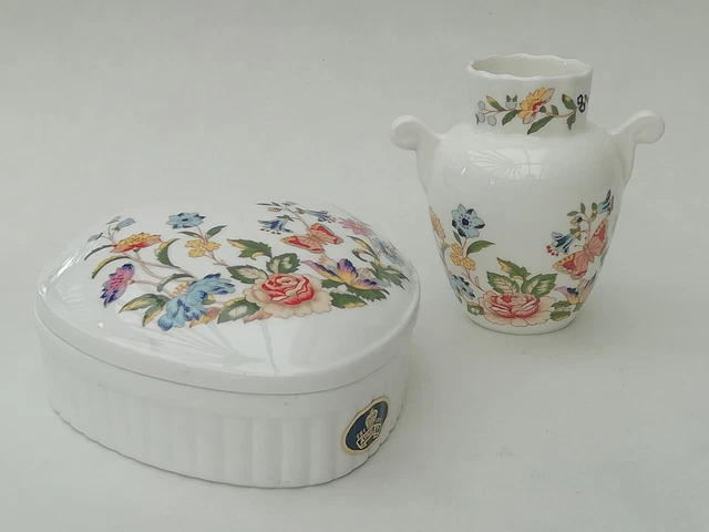 AYNSLEY COTTAGE GARDEN Heart Shape Trinket Box & Mini Vase Bone China ...