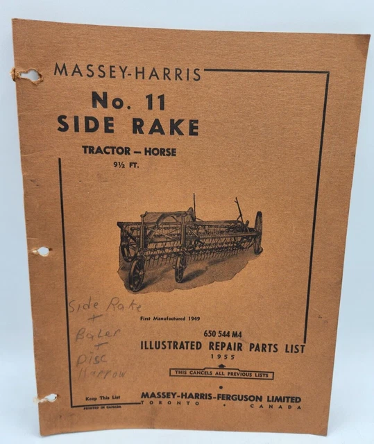 1955 MASSEY HARRIS No 11 Side Rake Tractor Horse Repair Parts Book ...