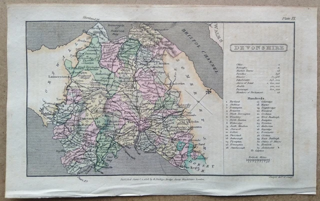 1808; DEVONSHIRE COUNTY map (small); England; Capper/Phillips; Hand ...