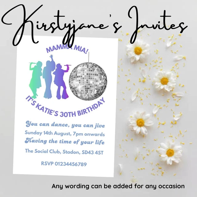 BIRTHDAY PARTY INVITATIONS invites Personalised Womens Mamma Mia Abba ...